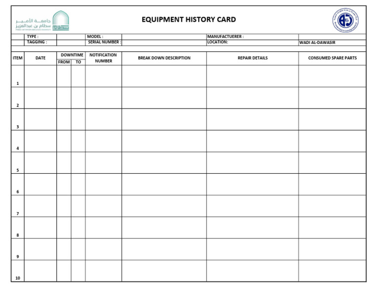 Equipment History Card | PDF