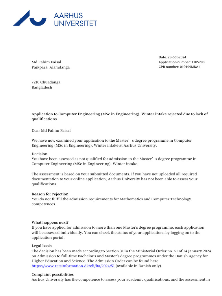 Aarhus University Rejection Letter | PDF | Academic Degree | Master's ...