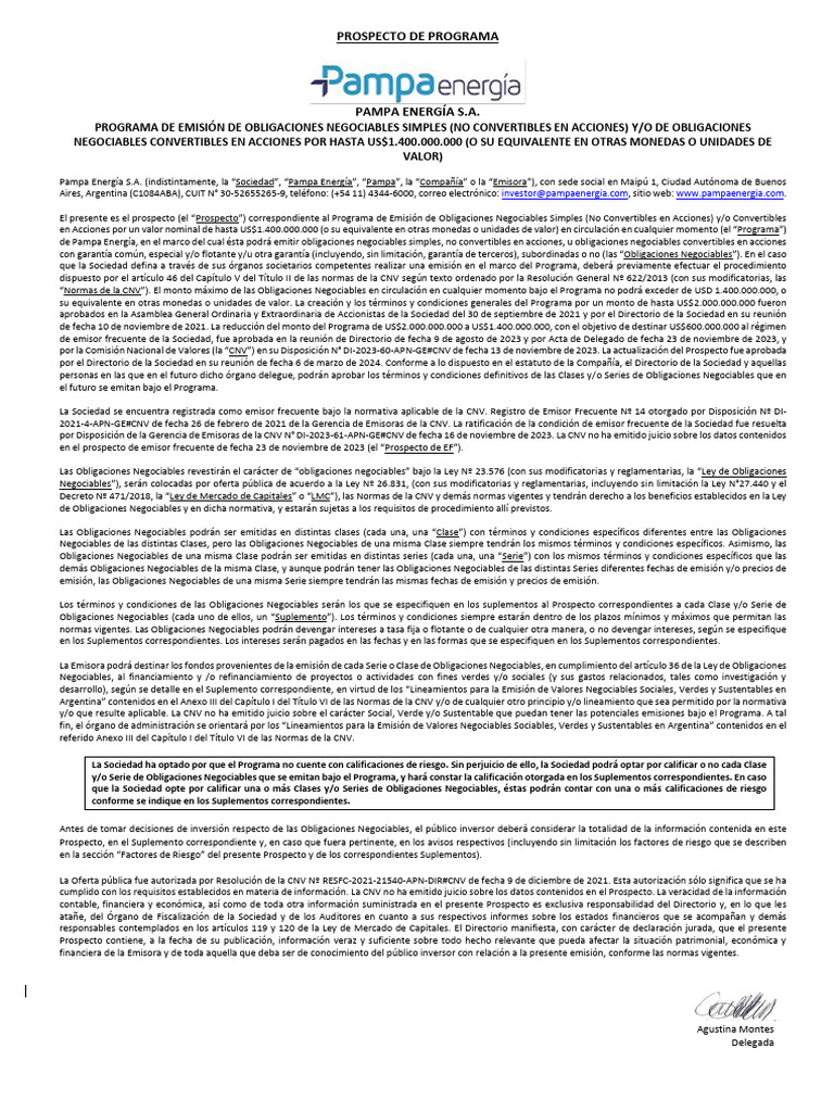 ON CLASE PAMPA ENERGIA - Prospecto Programa | PDF | Vatio | Inflación