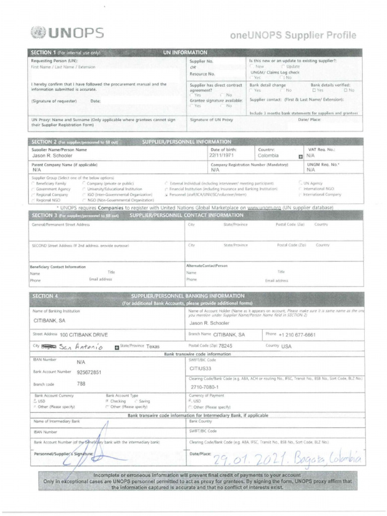 UNOPS Bank Info. Form Jason Schooler | PDF