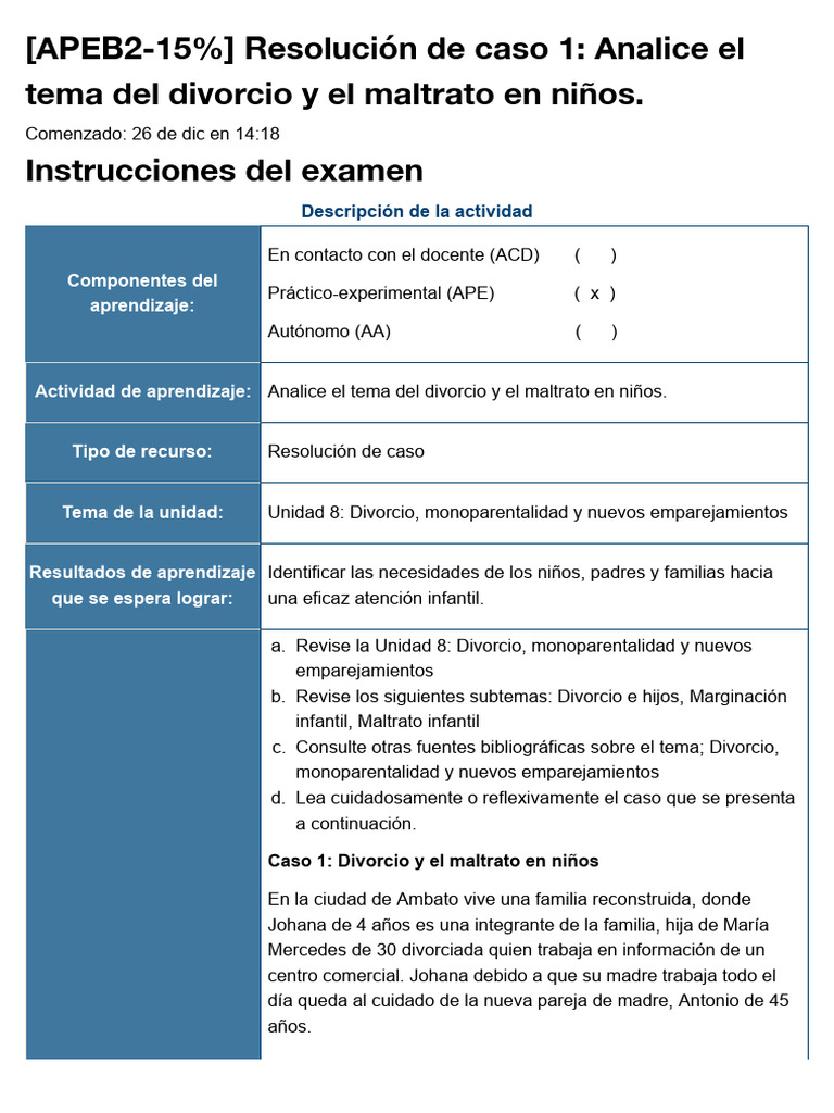 Examen: (APEB2-15%) Resolución de Caso 1: Analice El Tema Del Divorcio y El Maltrato en Niños ...