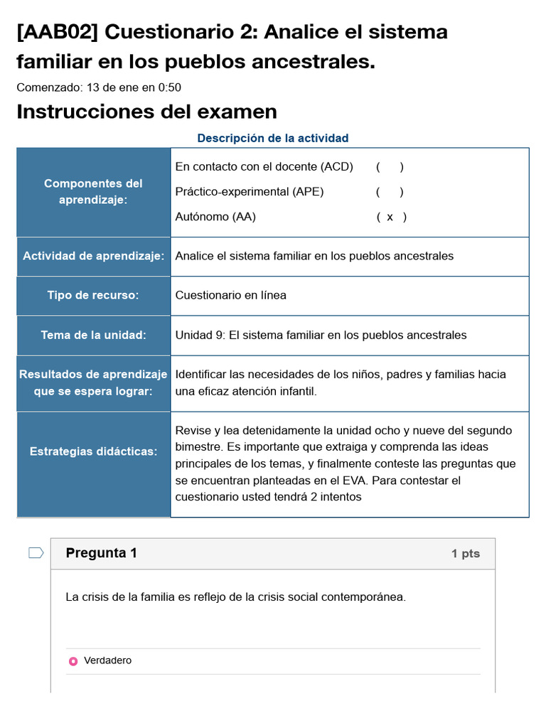 Examen: (AAB02) Cuestionario 2: Analice El Sistema Familiar en Los Pueblos Ancestrales. | PDF ...