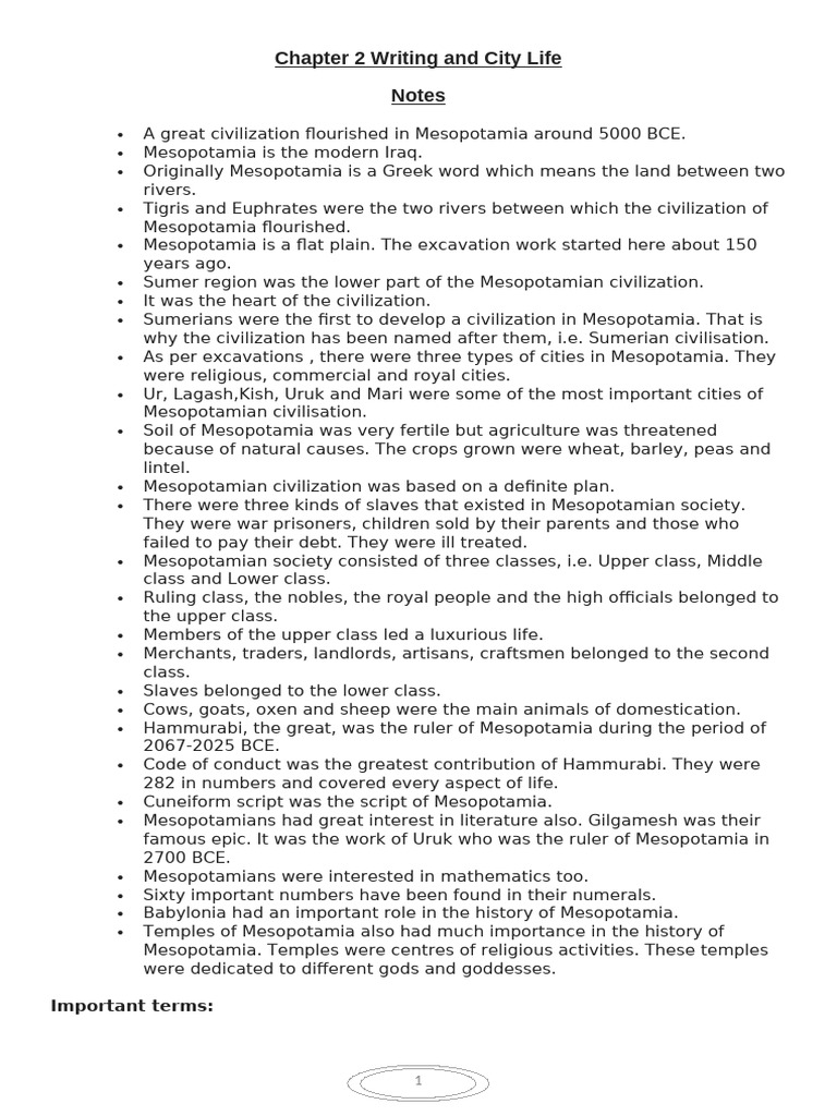 Chapter 2 Writing and City Life - Notes | PDF | Mesopotamia | Sumer