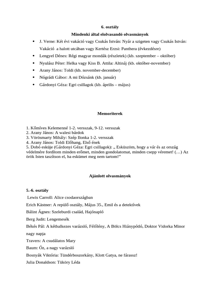 Kötelező És Ajánlott 6. Oszt.-1 | PDF