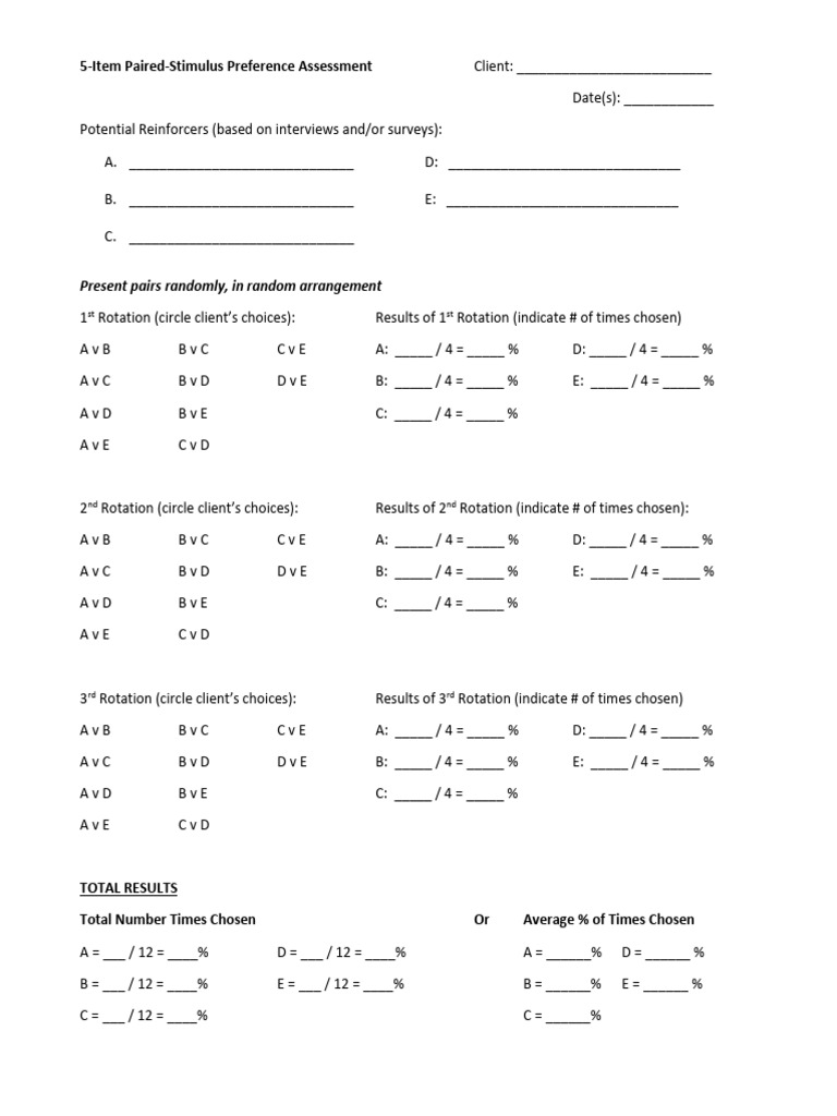 Sample 5-Item Preference Assessment Forms | PDF | Reinforcement ...