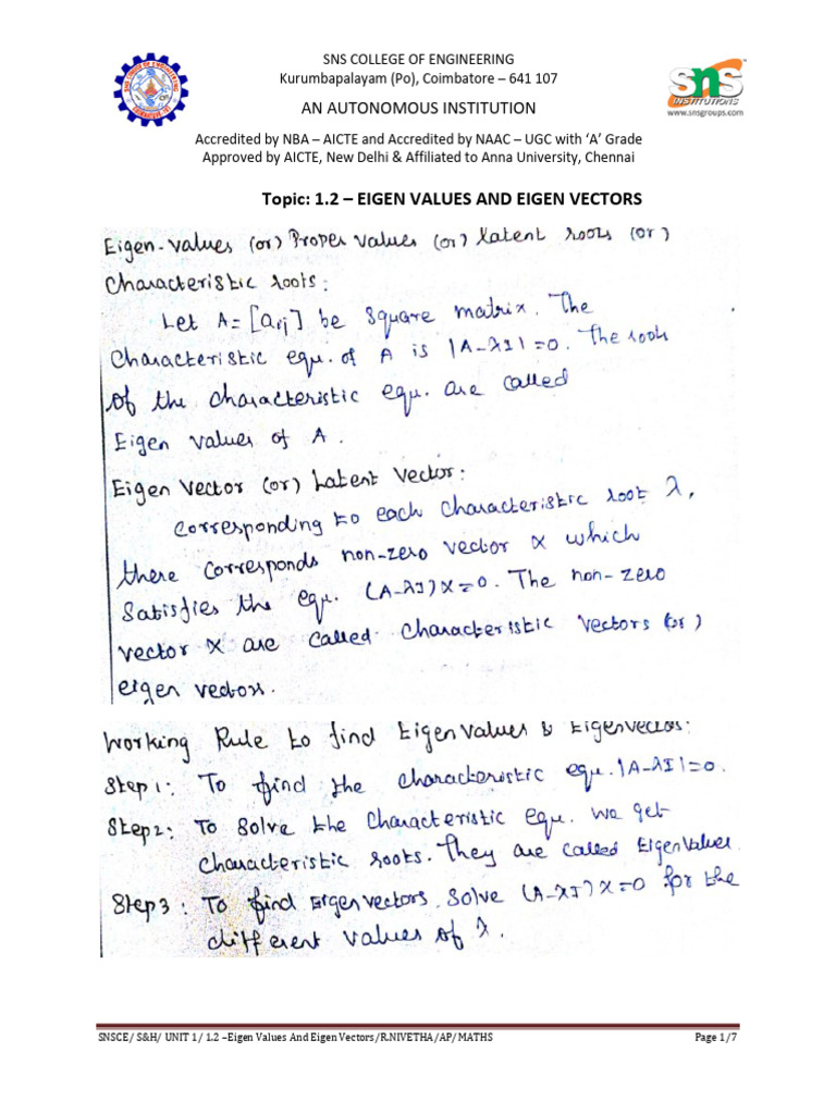 Unit 1 Eigen Values And Eigen Vectors Pdf Domestic Policy