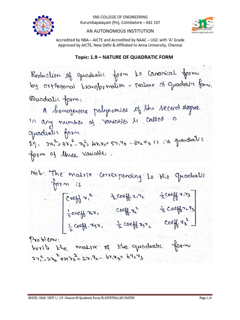UNIT 1 Nature of Quadratic Form | PDF | Government Of India ...