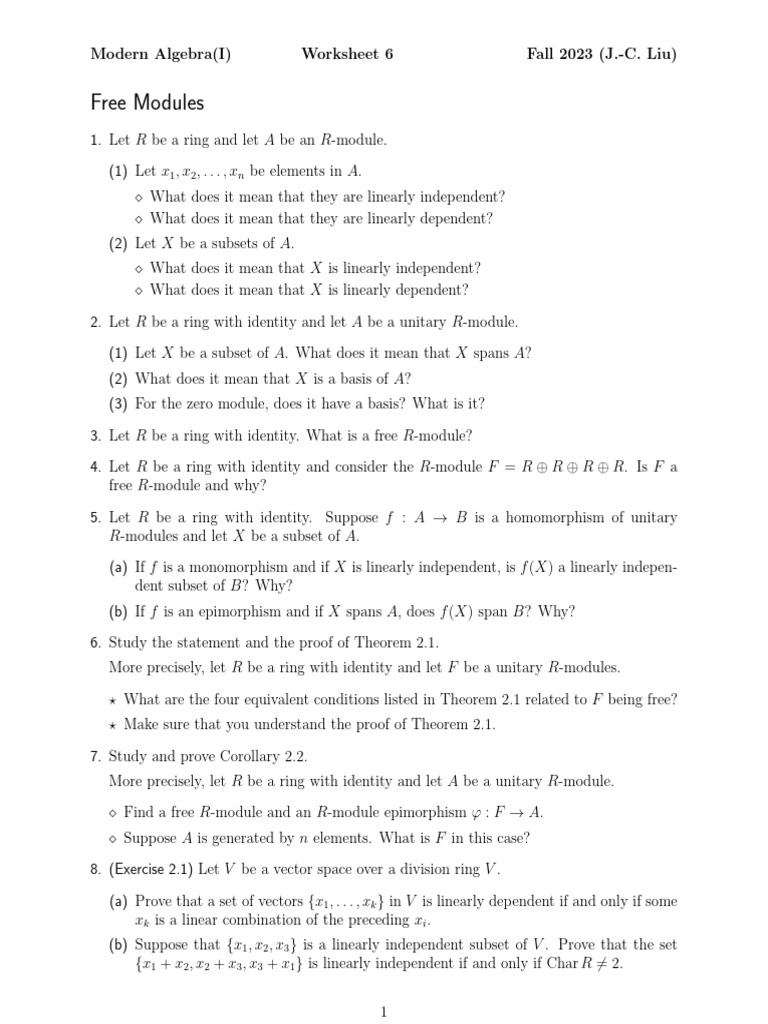 2023ModernAlgWorksheet6 | PDF | Ring (Mathematics) | Module (Mathematics)