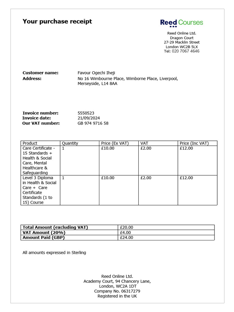 Purchase Receipt for Health Courses | PDF