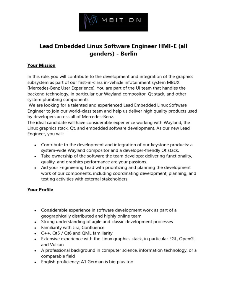MBition Lead Embedded Linux Software Engineer HMI E | PDF | Linux | System Software