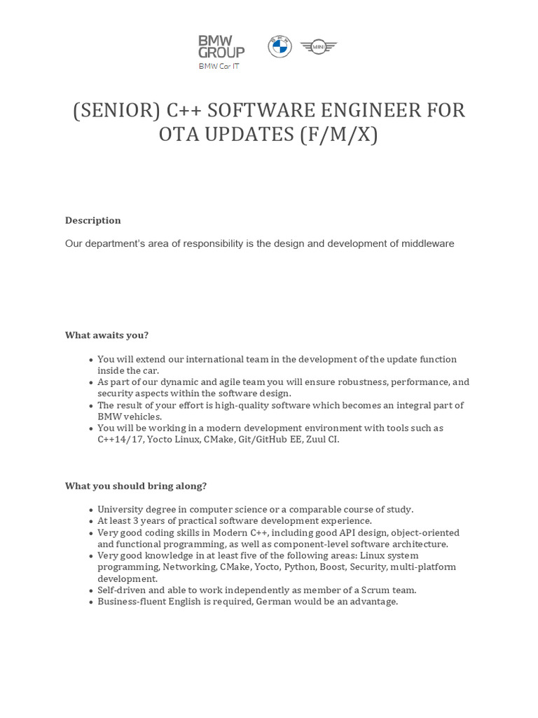BMW Senior Software Engineer For Ota Updates | PDF | Software | Linux BMW Senior Software Engineer For Ota Updates | PDF | Software | Linux
