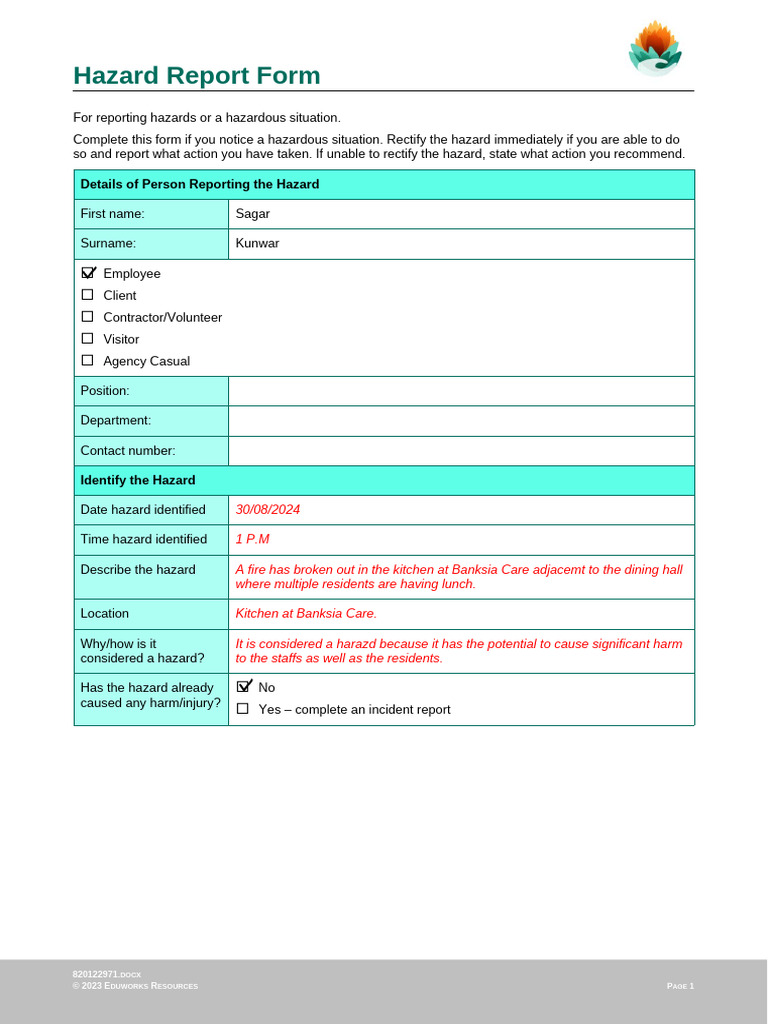 Hazard Report Form for Kitchen Fires | PDF | Hazards | Risk