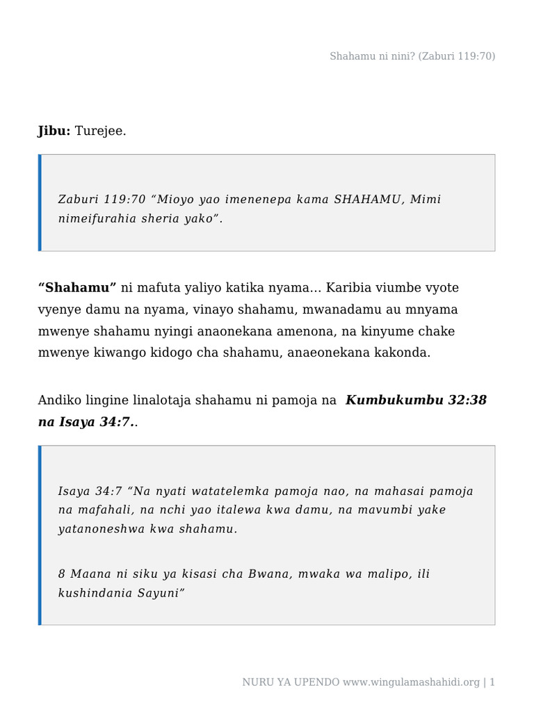 Shahamu Ni Nini - (Zaburi 119 - 70) | PDF