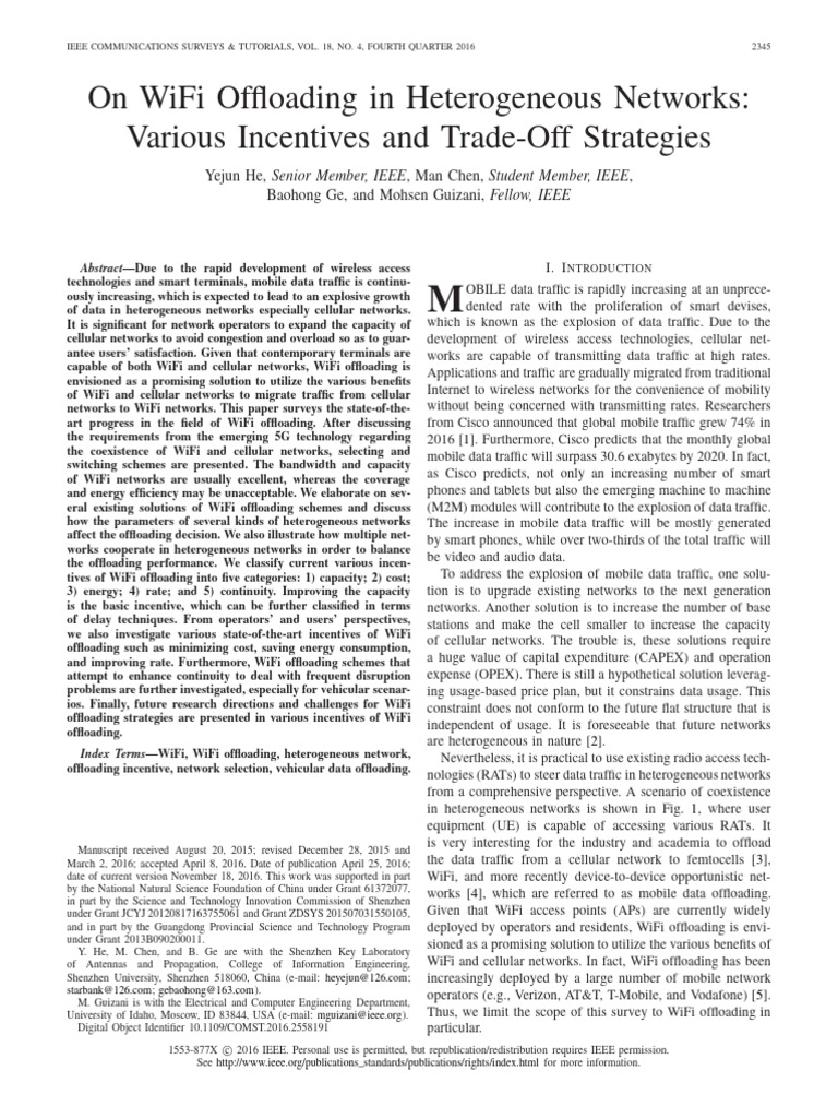 On WiFi Offloading in Heterogeneous Networks Various Incentives and Trade-Off Strategies | PDF ...