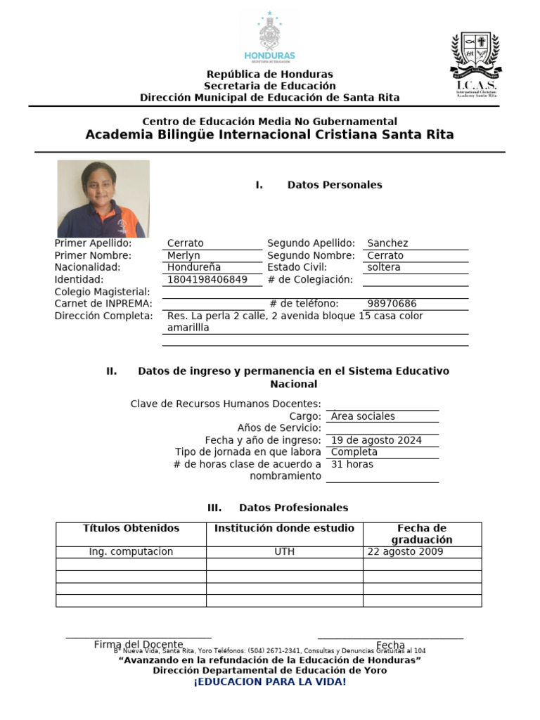 Ficha - Expediente Docente 2024 (1) Mrs. Cruz | PDF | Honduras