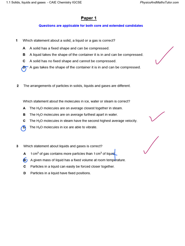 1.1 Solids, liquids and gases MCQ QP | PDF | Gases | Liquids 1.1 Solids, liquids and gases MCQ QP | PDF | Gases | Liquids