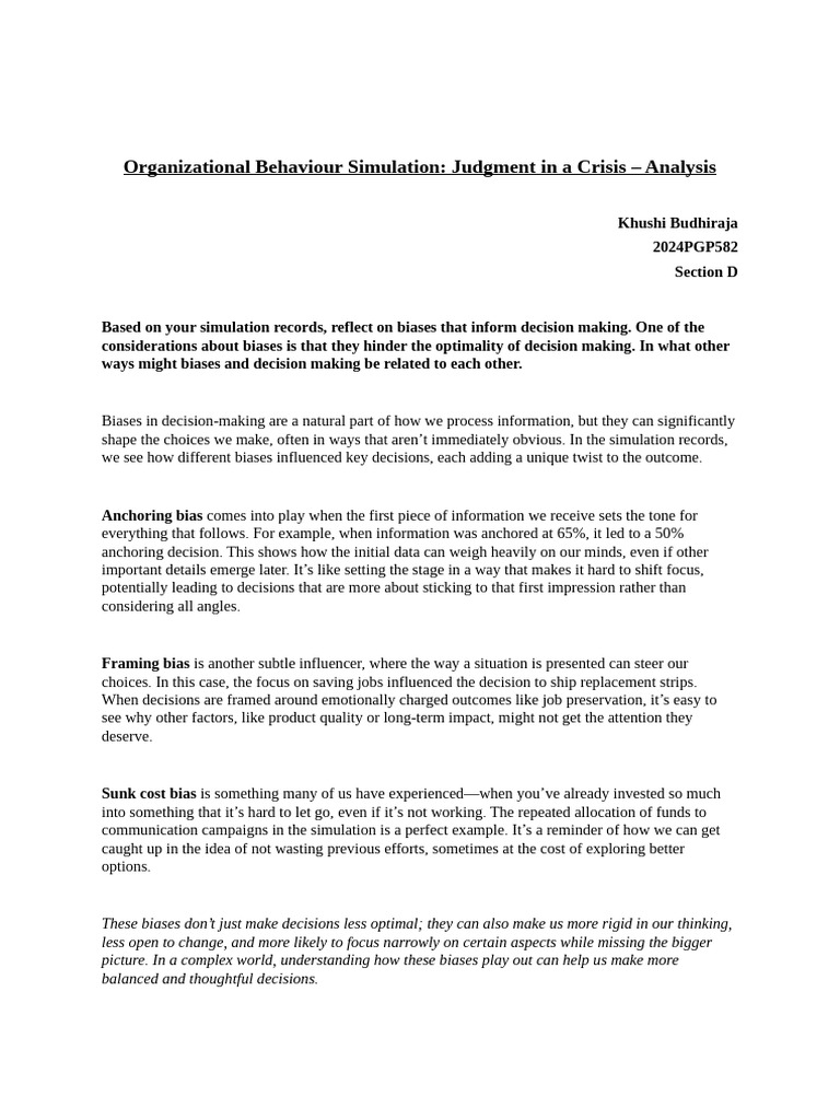 Organizational Behavior Simulation | PDF | Decision Making | Bias