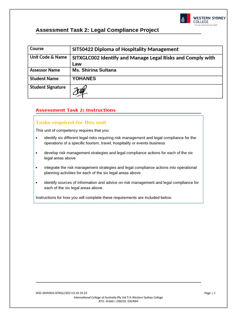 Assessment Task 2 SITXGLC002 | PDF | Regulatory Compliance | Risk ...