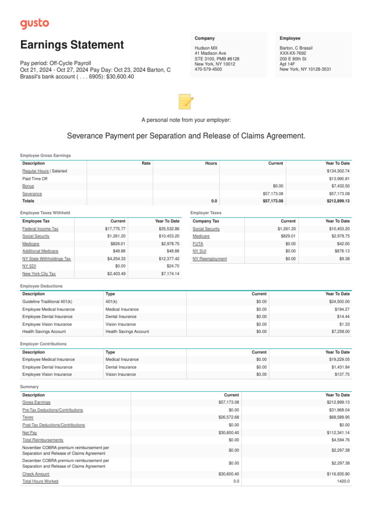 Barton C Brassil Paystub 2024-10-23 | PDF | Health Savings Account ...