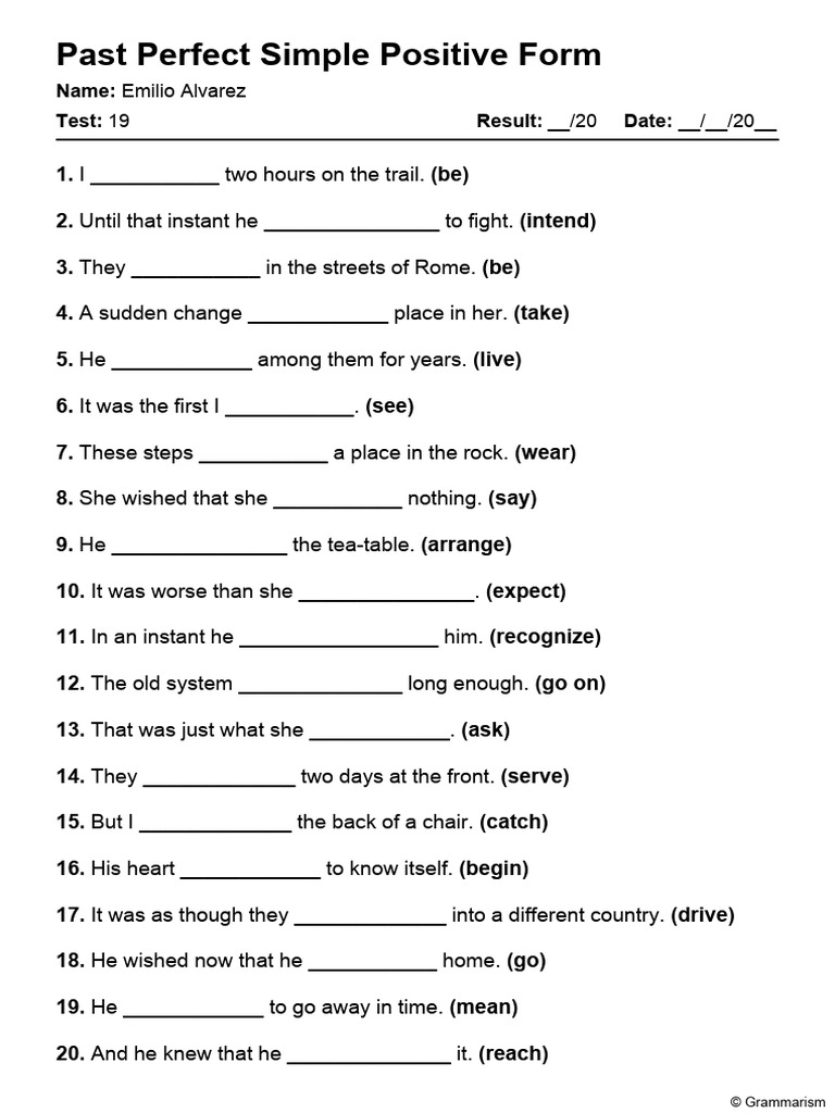 Grammarism Past Perfect Positive Test 19 | PDF