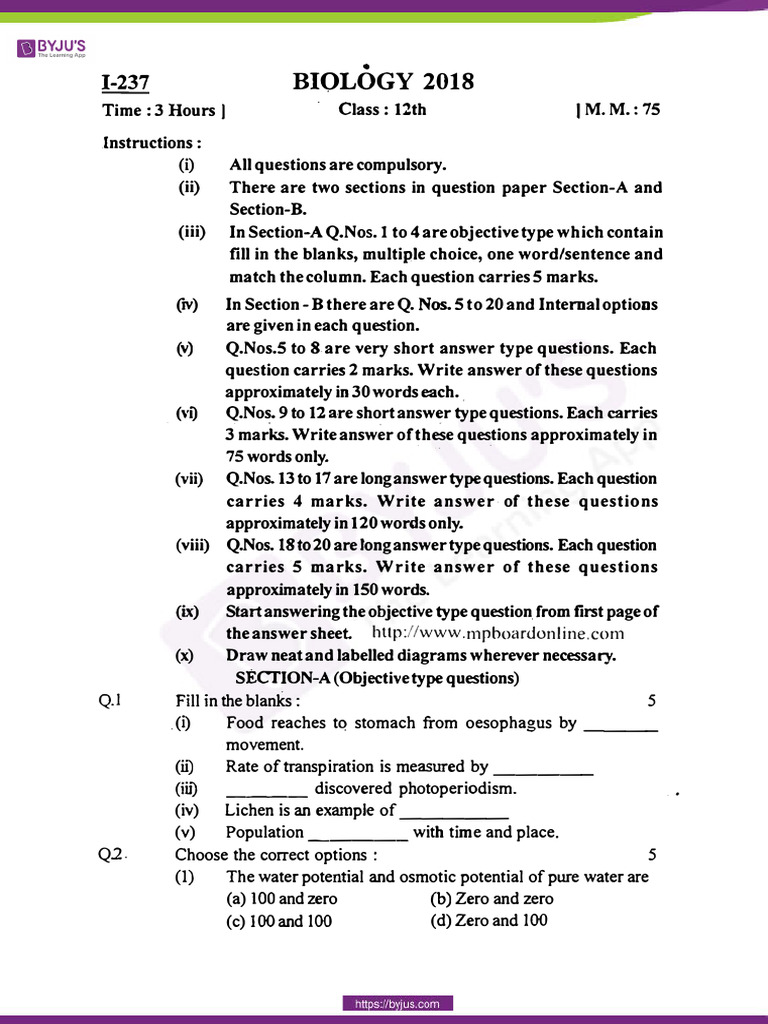 MP Board Class 12 Biology Paper 2018 | PDF