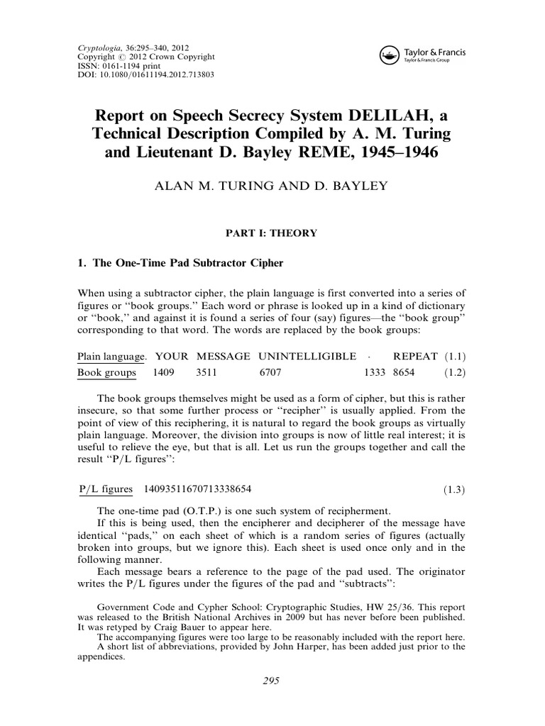Turing, Alan - Report On Speech Secrecy System DELILAH,... 1945-46 ...