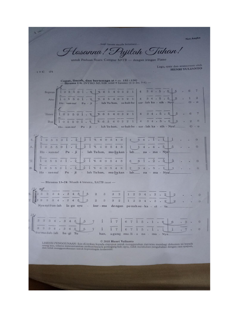 PARTITUR KOOR Hosanna Pujilah Tuhan | PDF
