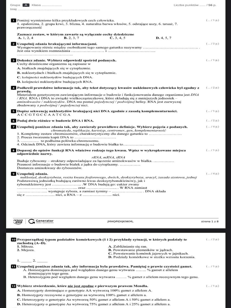 GRP A Całość 56p Klasa 8 Dział 1 Genetyka PDF | PDF