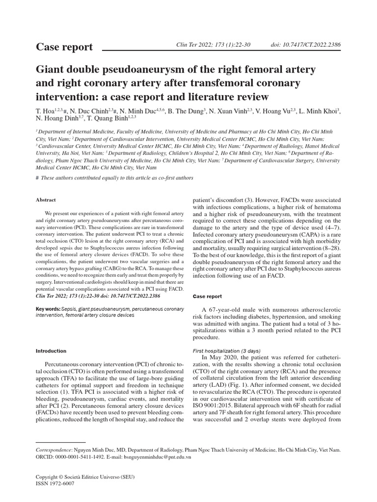 2022 Giant Double Pseudoaneurysm of The Right Femoral Artery and Right Coronary Artery After ...