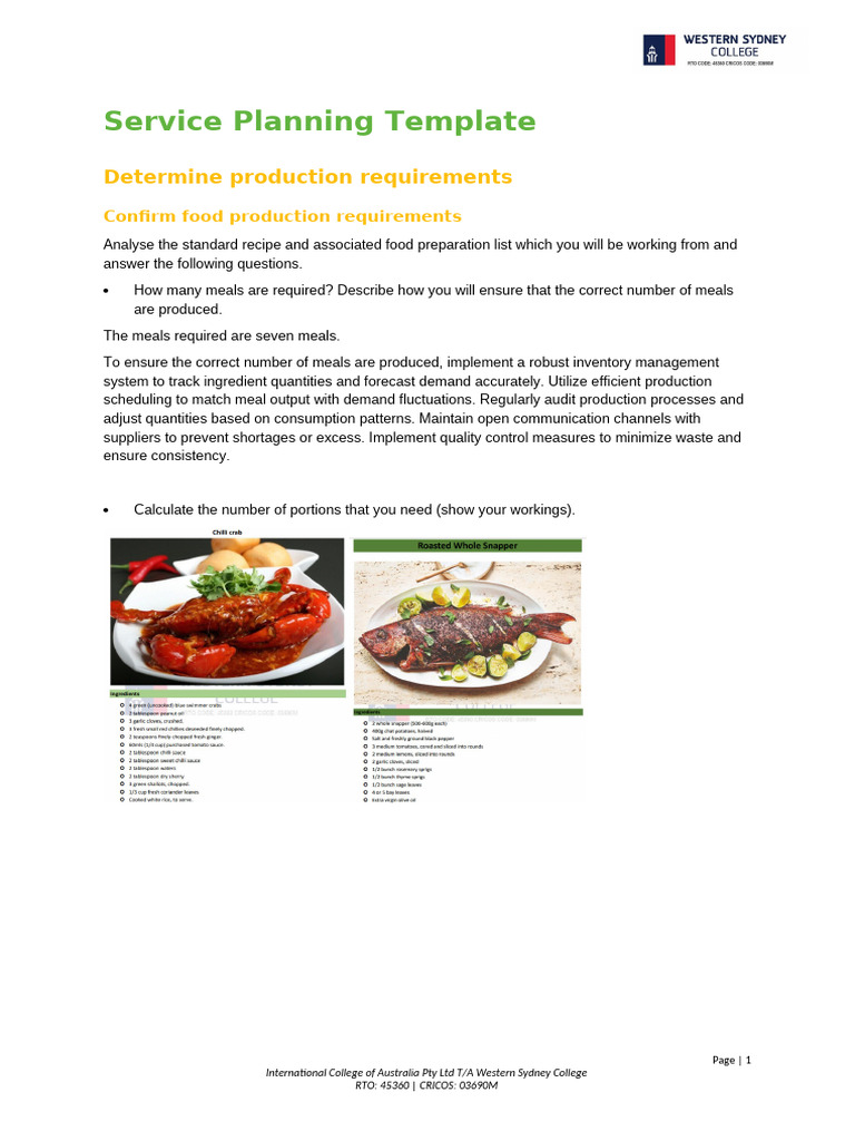 SITHCCC037 Service Planning Template | PDF | French Fries | Shellfish