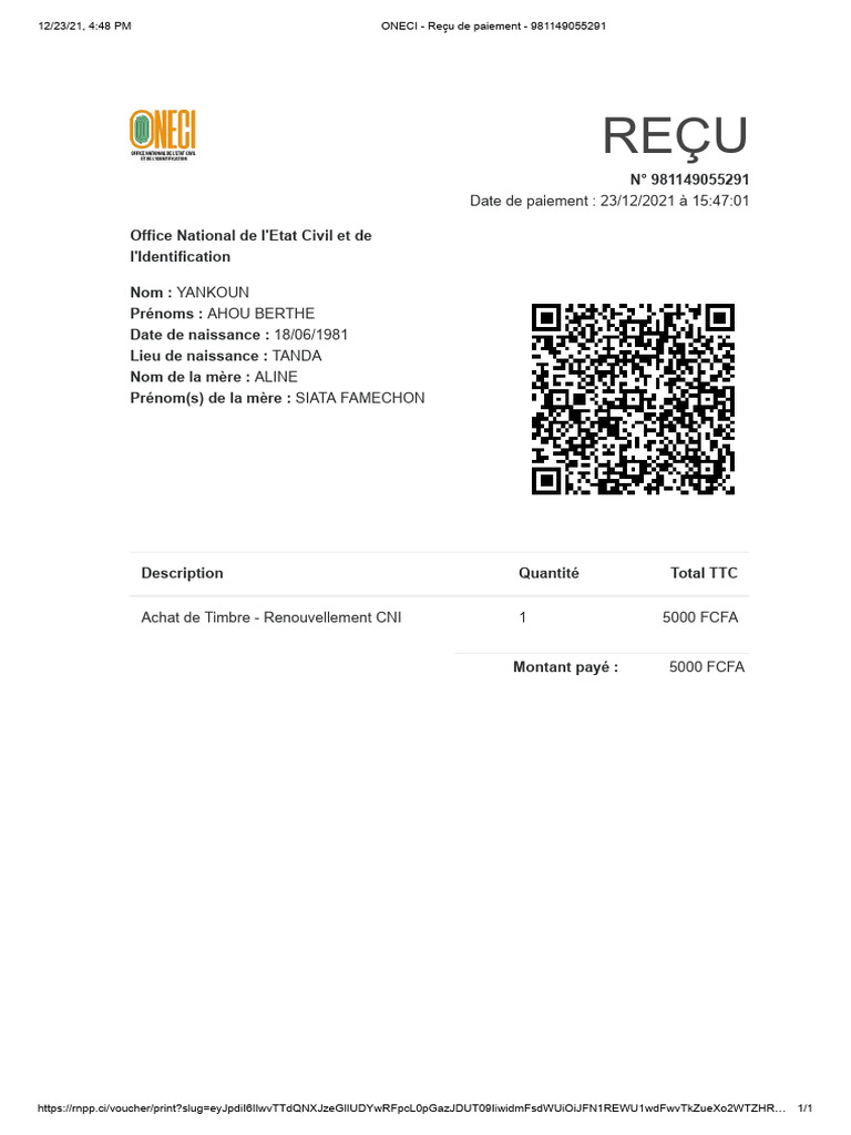 Reçu de Paiement Timbre CNI 2021 | PDF