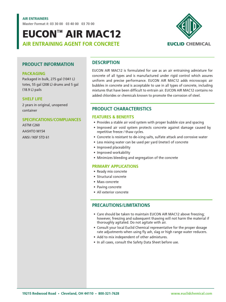EUCON AIR MAC12: Air Entrainment Admixture | PDF | Concrete | Building ...
