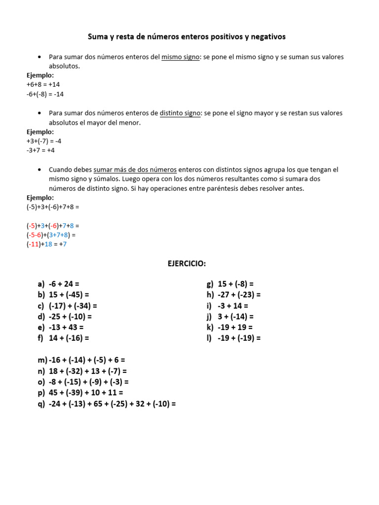 Suma y Resta de Números Enteros Positivos y Negativos | PDF