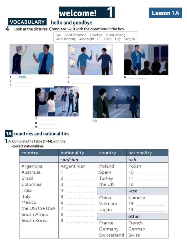 SPEAKOUT A1 Unit 1 Lesson 1A VOCABULARY (Hello and Goodbye - Countries and Nationalities) | PDF