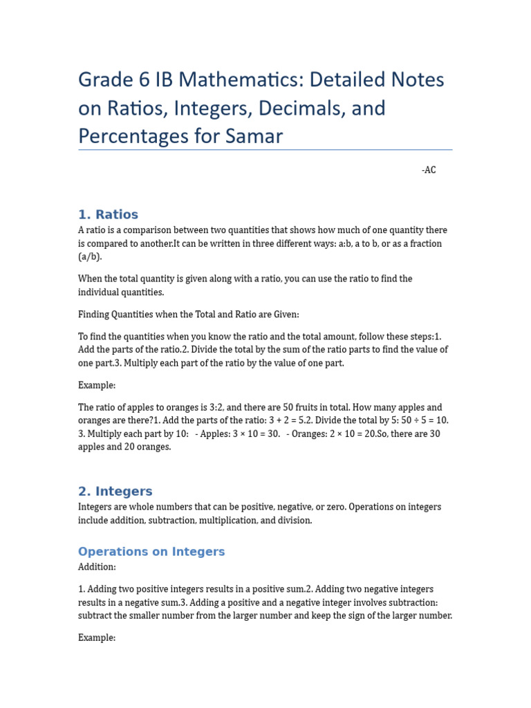 Grade - 6 - IB - Ratios - Integers - Decimals - Percentages - Notes 2 ...