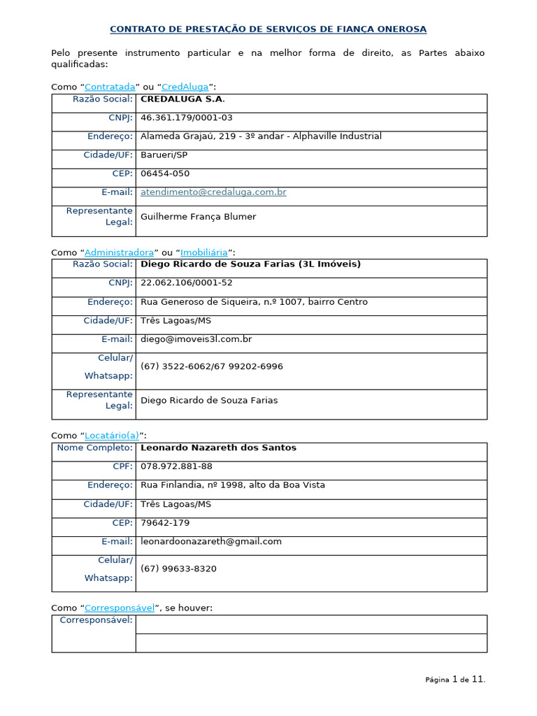 Contrato CredAluga - Leonardo Nazareth Dos Santos | PDF | Aluguel | Crédito
