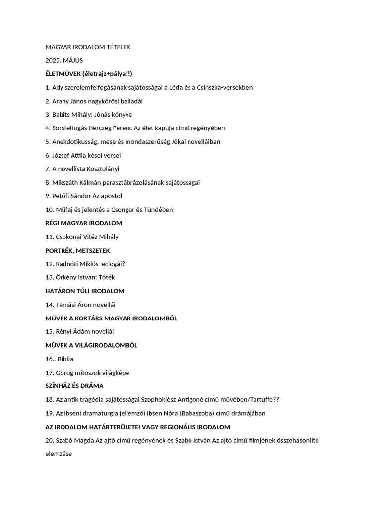 Magyar Irodalom Tételek - 2025 | PDF