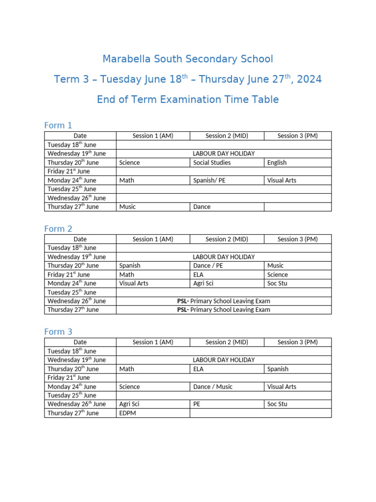 2024 Term3 - End of Term Exam Timetable | PDF