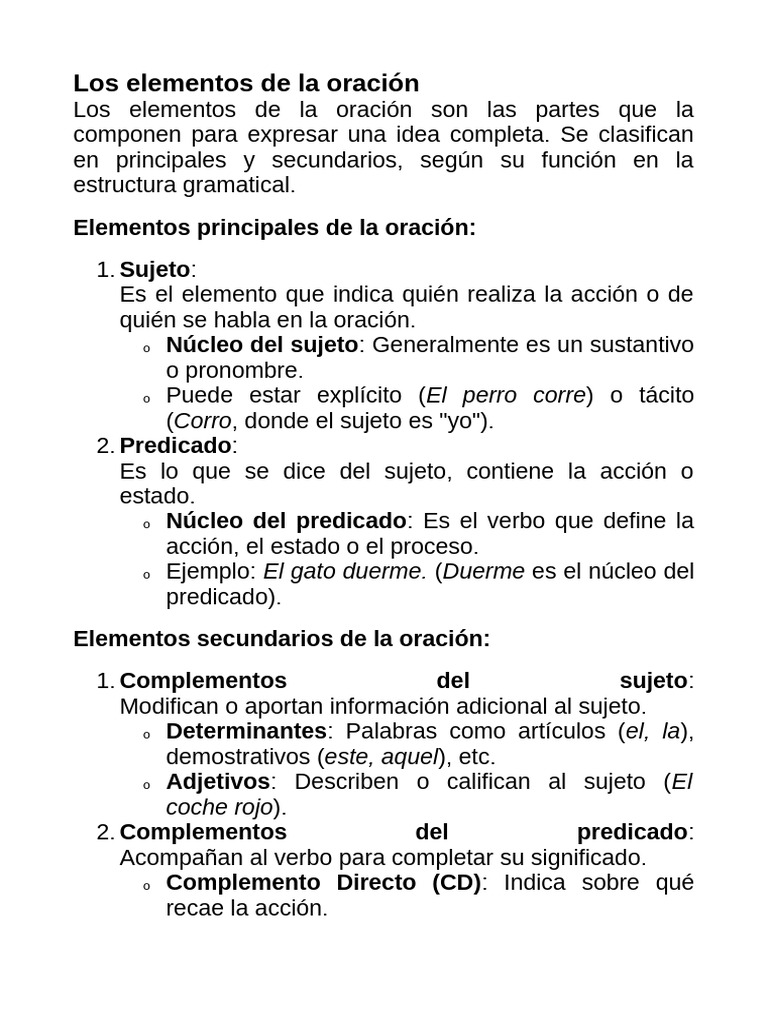 Elementos de la Oración: Principales y Secundarios | PDF | Verbo ...