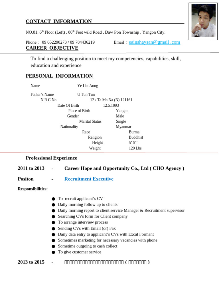 Ye Lin Aung (CV) - 2 | PDF | Adobe Photoshop | Computing