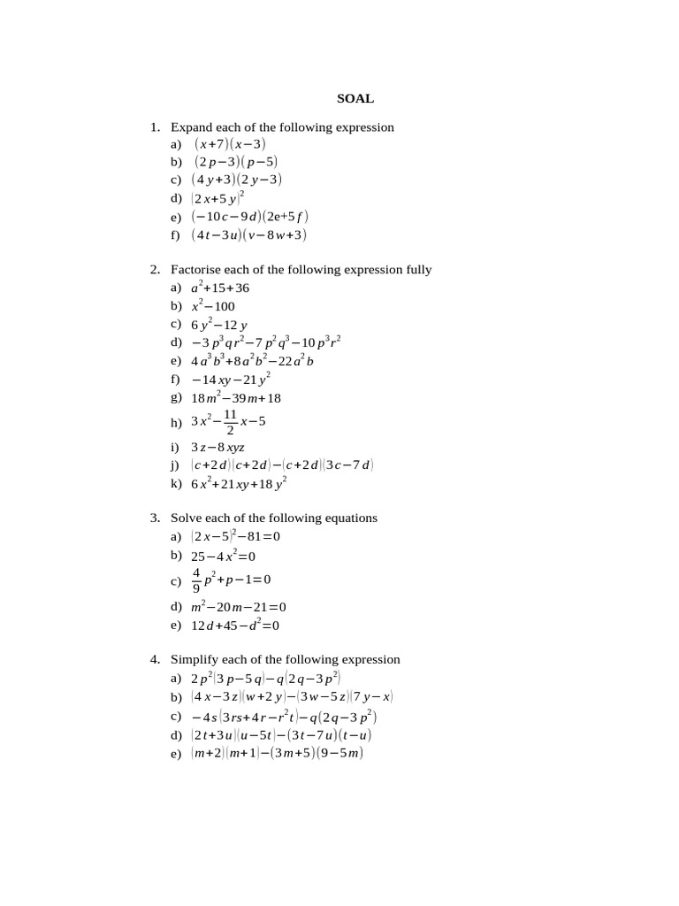 Soal Expand, Simplify, Factorise | PDF