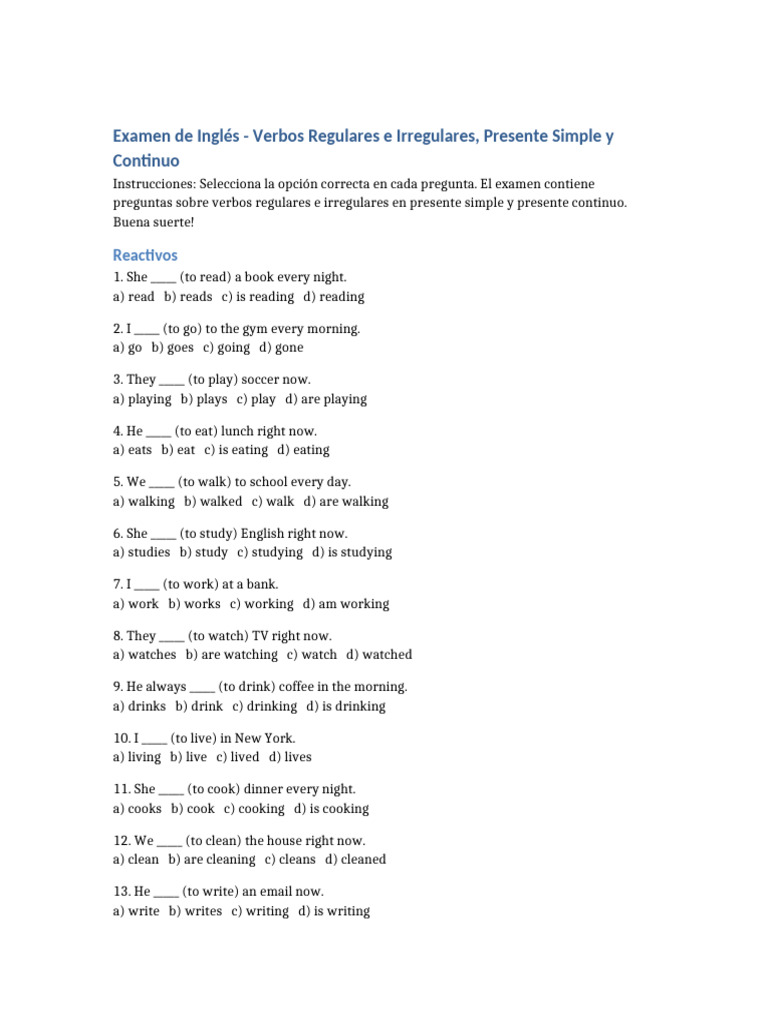 Examen Ingles Verbos Presente Simple Continuo | PDF