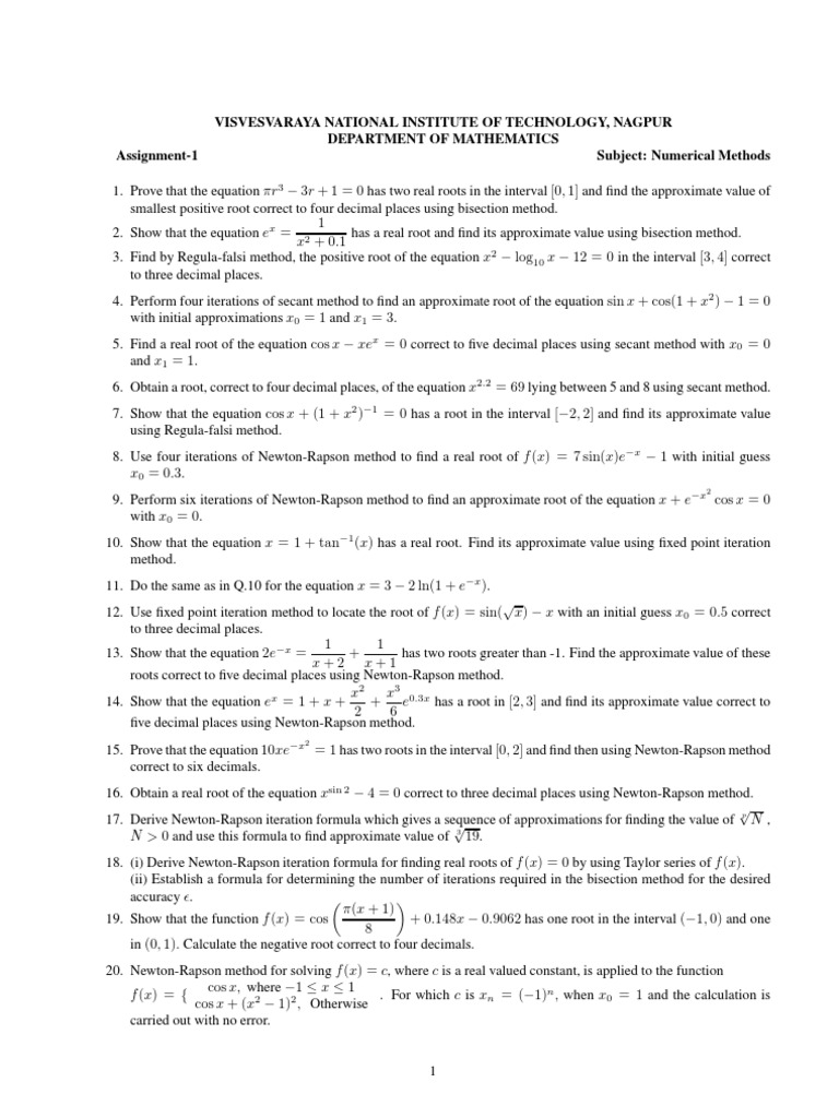 Numerical Methods Assignment Solutions Using Bisection Regula Falsi