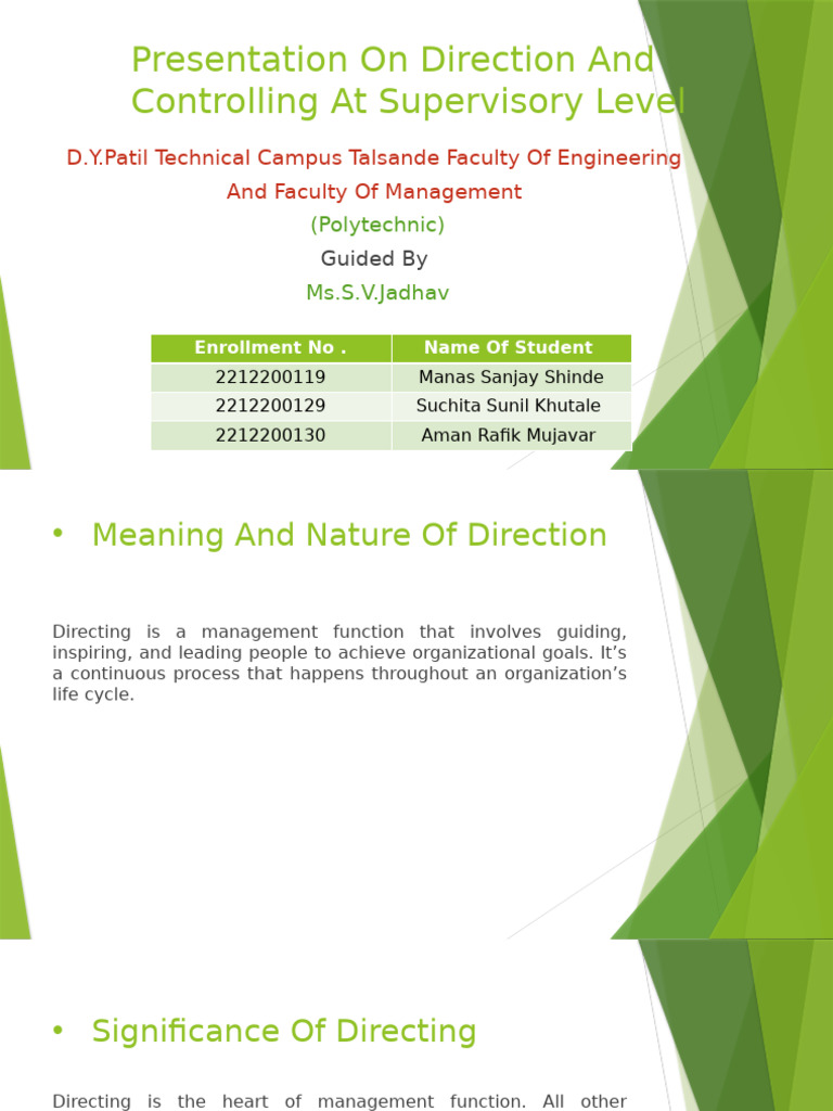 Presentation On Direction and Controlling at Supervisory Level | PDF