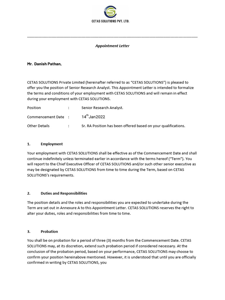 Cetas Appointment Letter Danish | PDF | Salary | Intellectual Property