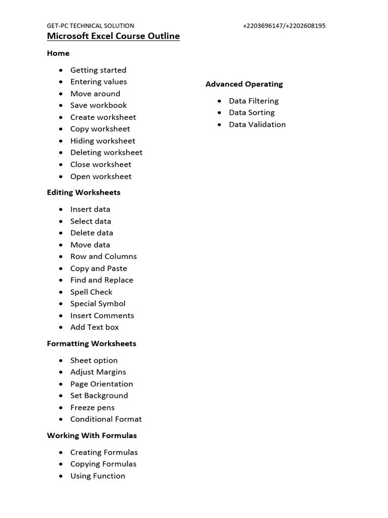 MS Excel Course Outline | PDF