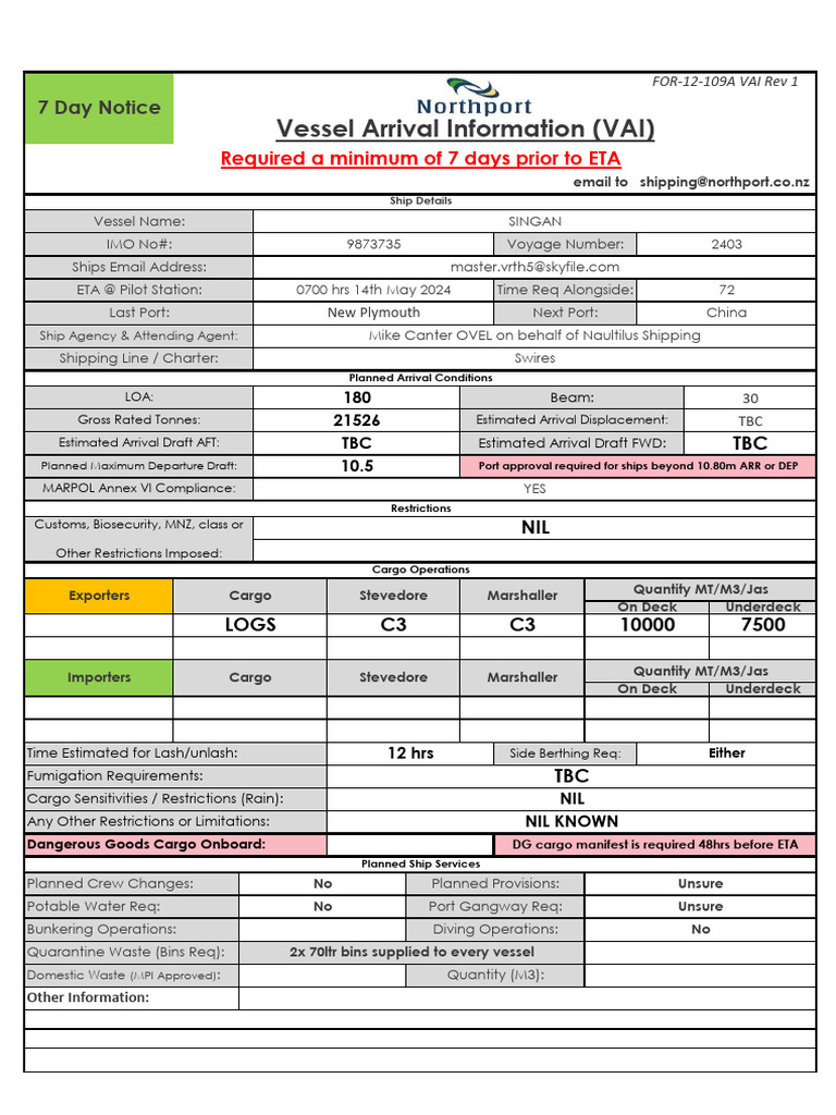 SINGAN Northport Vessel ARRIVAL Information Form | PDF | Freight ...