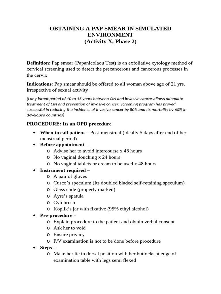 Activity X Phase 2 OBTAINING A PAP SMEAR IN SIMULATED ENVIRONMENT | PDF ...