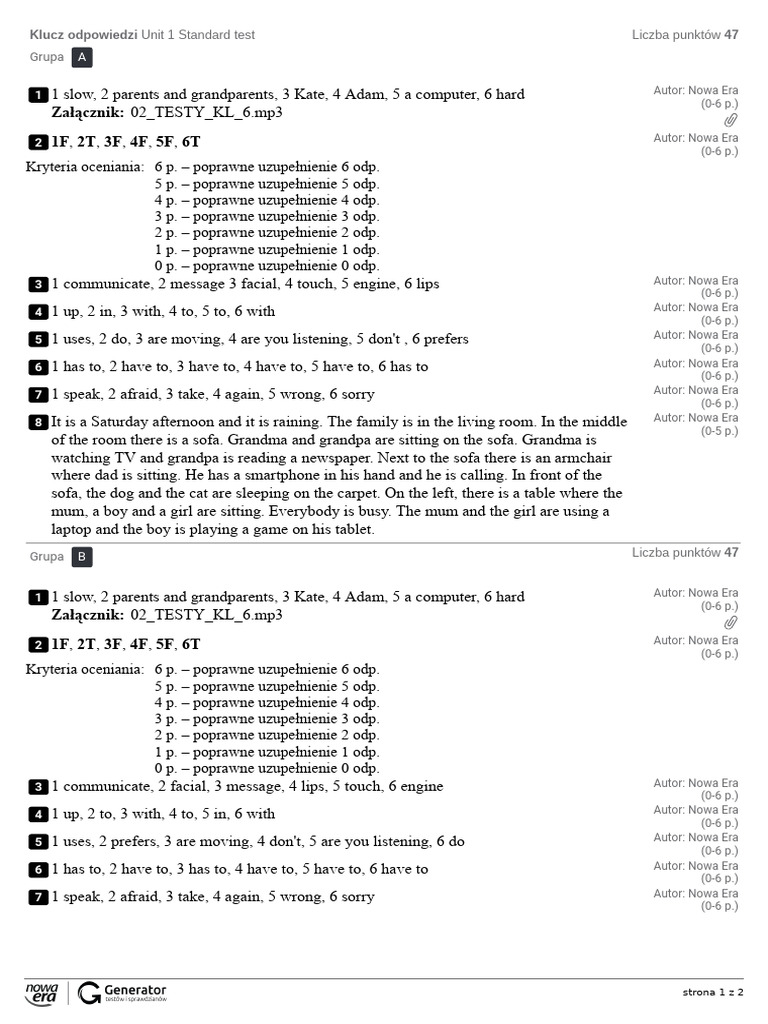 Unit 1 Standard Test Klucz Odpowiedzi | PDF | Living Arrangements | Home