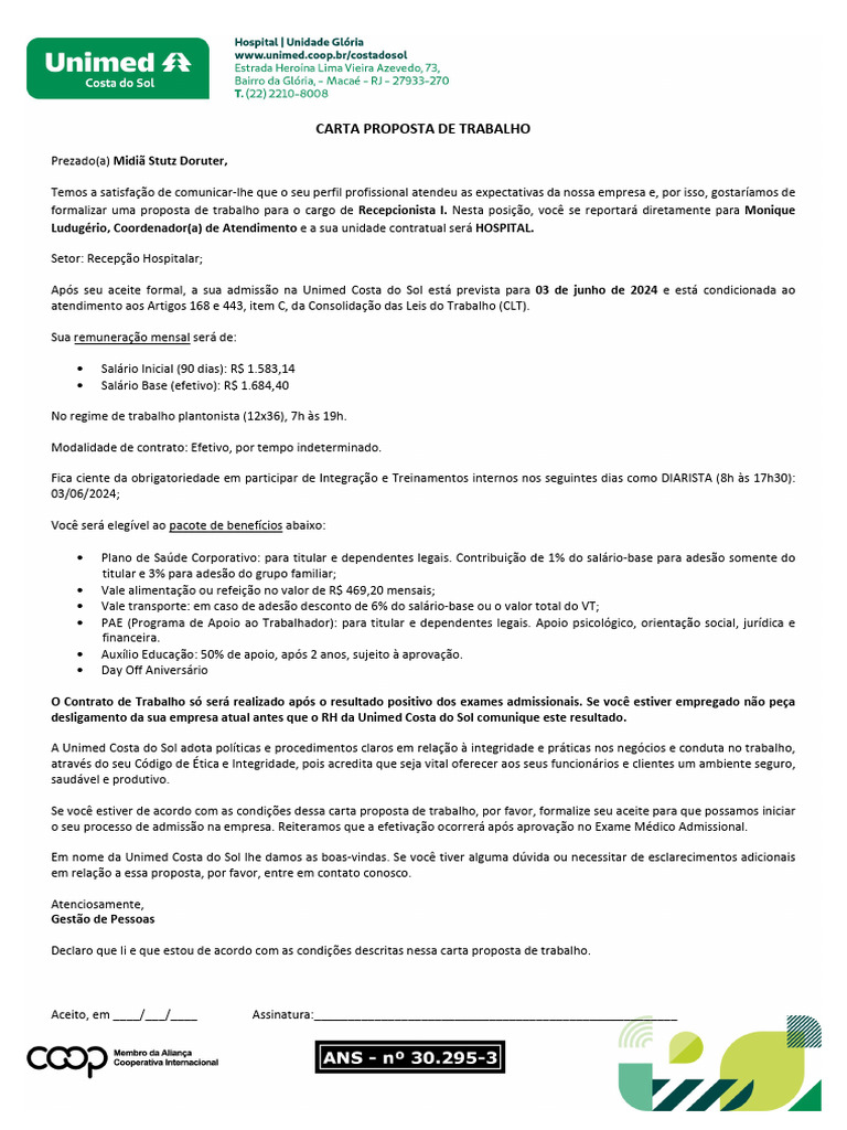 Carta Proposta - Midiã Stutz Doruta | PDF | Gestão de recursos humanos